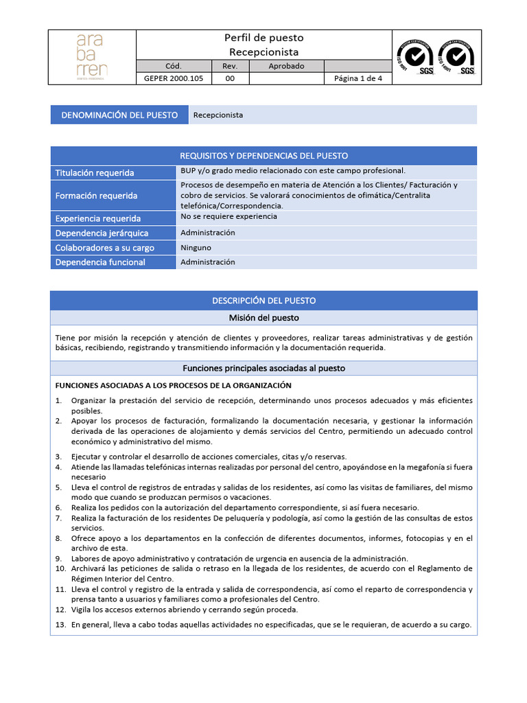 GEPER 2000.105 Perfil de Puesto Recepcionista. | PDF