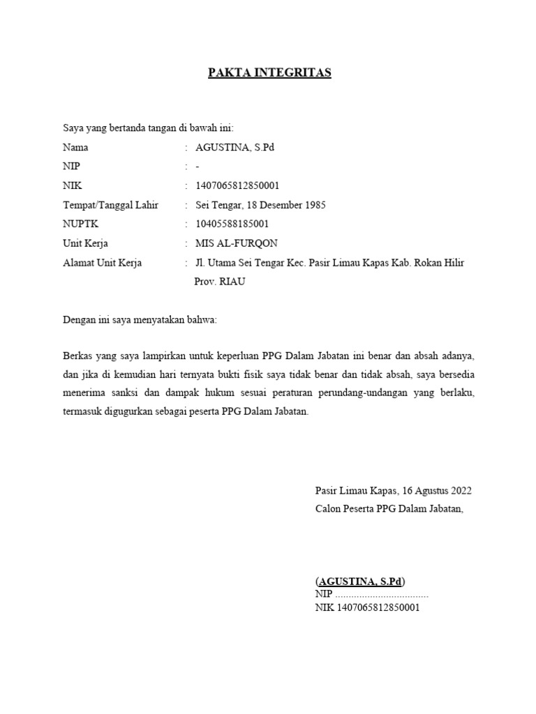 Pakta Integritas PPG Kemenag 2022 | PDF