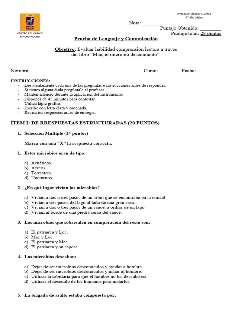 Prueba de comprensión: Mac, el microbio | PDF