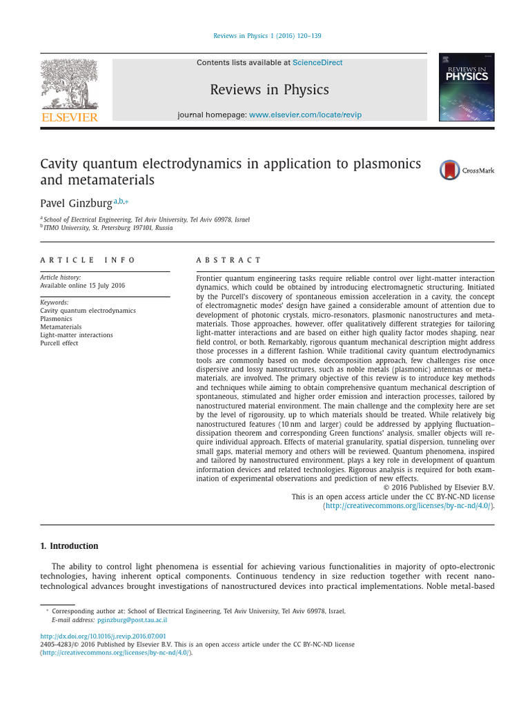 Cavity Quantum Electrodynamics in Application To Plasmoni - 2016 - Reviews in PH | PDF | Quantum ...