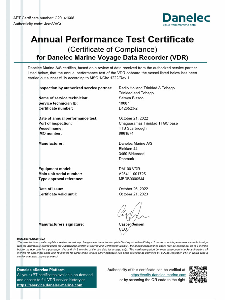 Annual Performance Test Certificate | PDF | Water Transport | Shipping