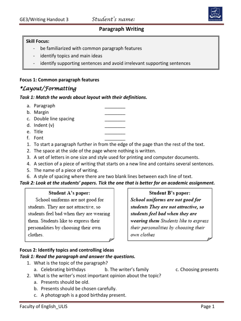 GE3 Writing Handout 3 For Ss | PDF