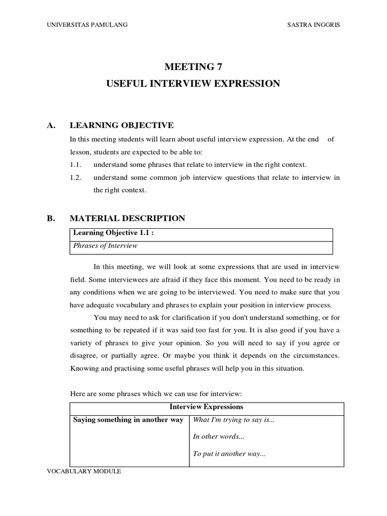 Meeting 7 Vocab | PDF | Job Interview | Cognitive Science