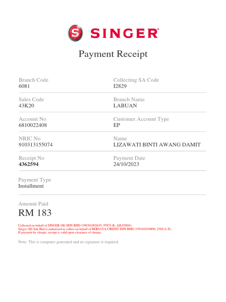 Payment Receipt for Lizawati Awang Damit | PDF