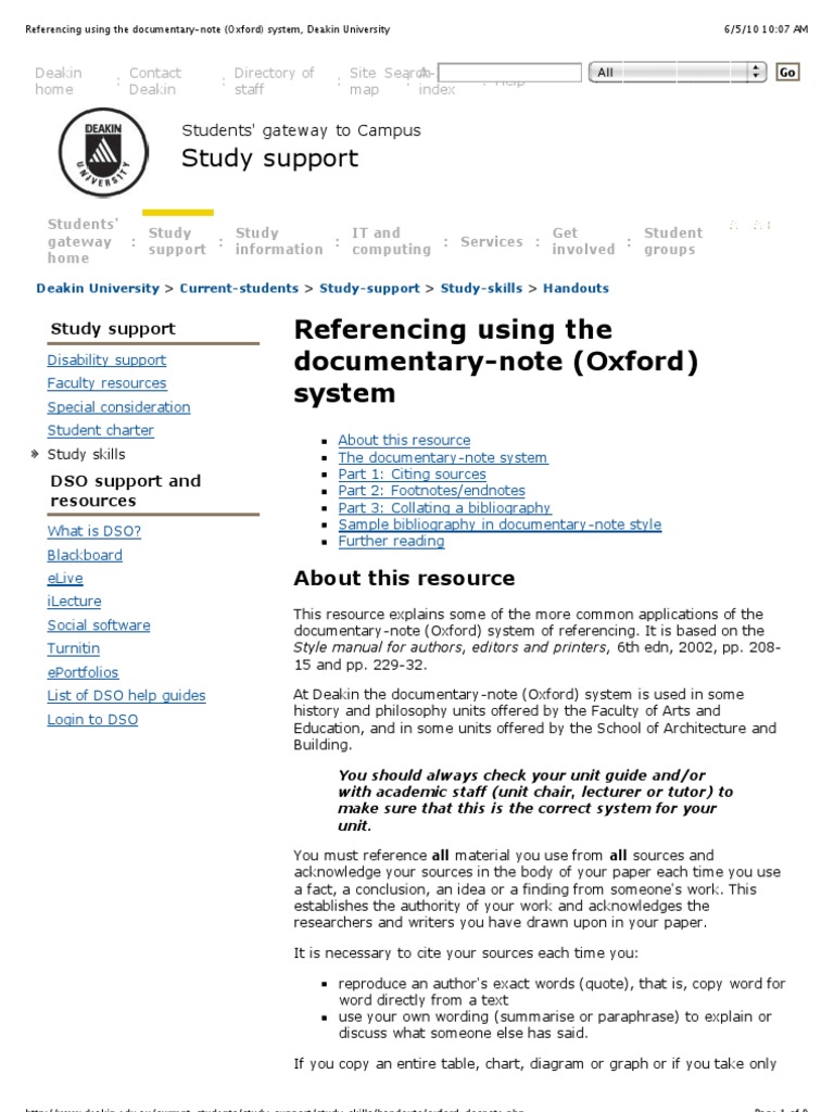 Referencing Using the Documentary-note (Oxford) System, Deakin ...