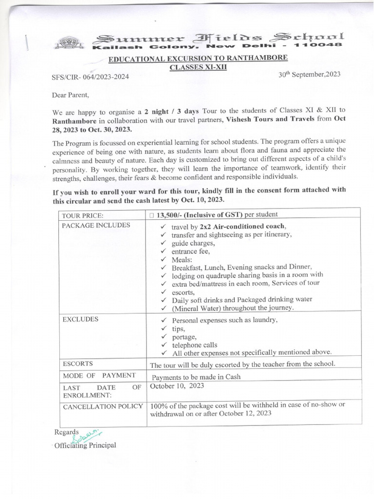 Circular For Excursion To Ranthambore For Grade XI and XII | PDF