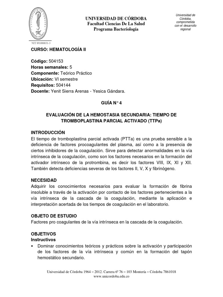 Guía 4. Tiempo de Tromboplastina Parcial Activado (TTPa) | PDF ...