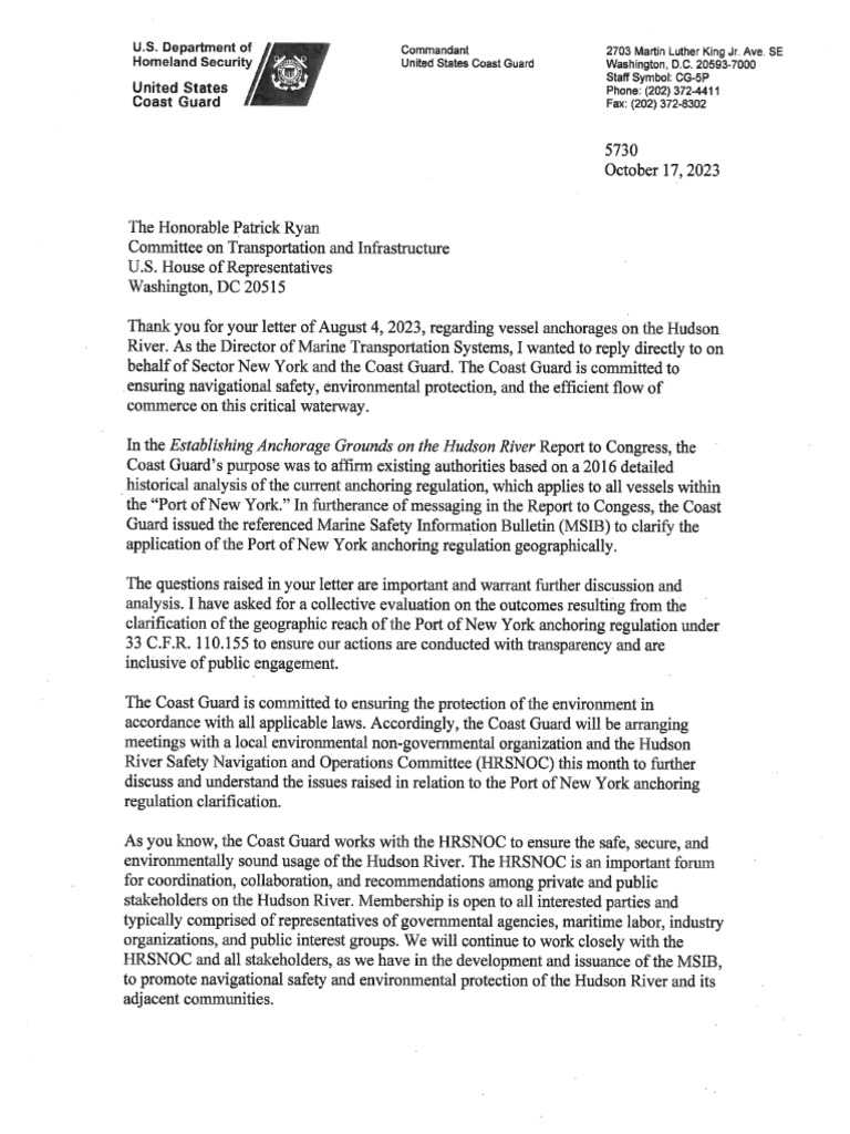 Honorable Rep Ryan - Coast Guard Response Letter | PDF