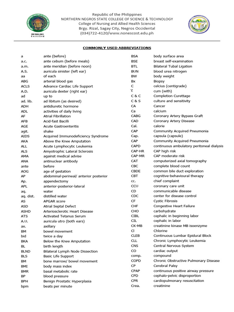Common Medical Abbreviations Guide | PDF | Heart | Health Sciences