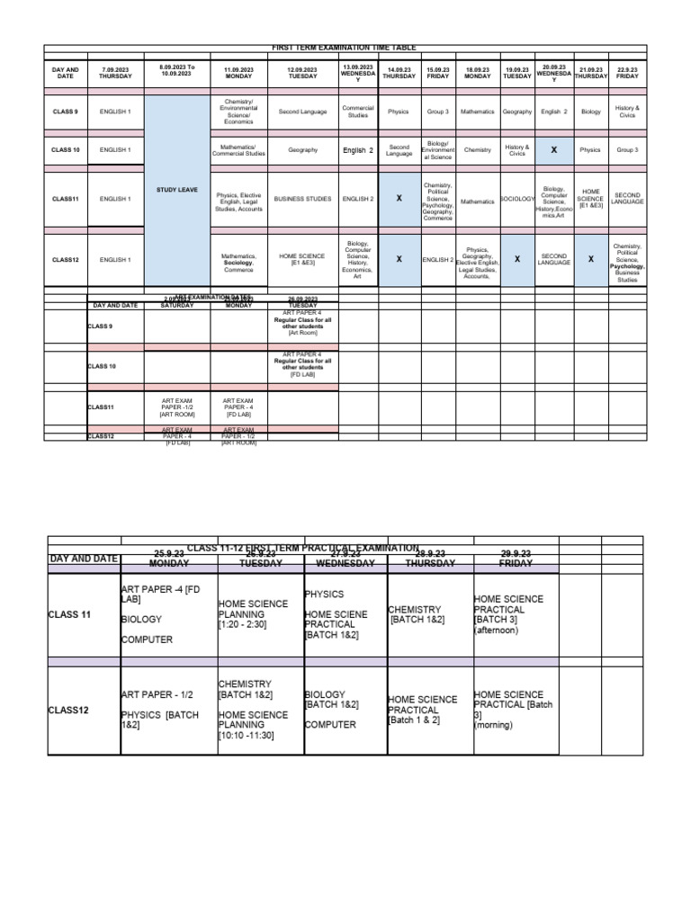 Ay 2023-2024 - First Term Exam - Timetable - 9-12 | PDF | Science