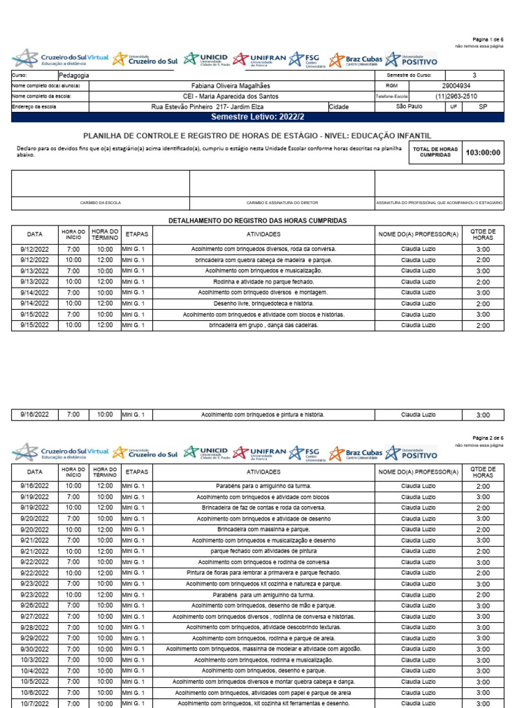 Planilha - Educ - Infantil Fabiana | PDF