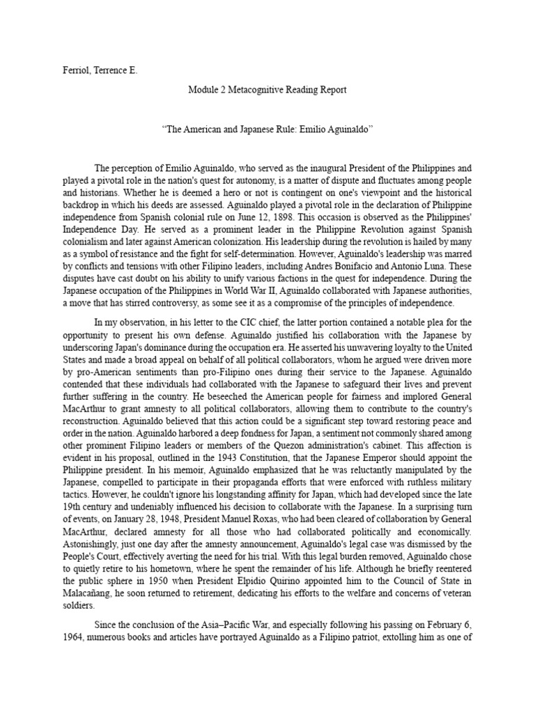 Module 2 Metacognitive Reading Report Ferriol Pdf Philippines Empire Of Japan