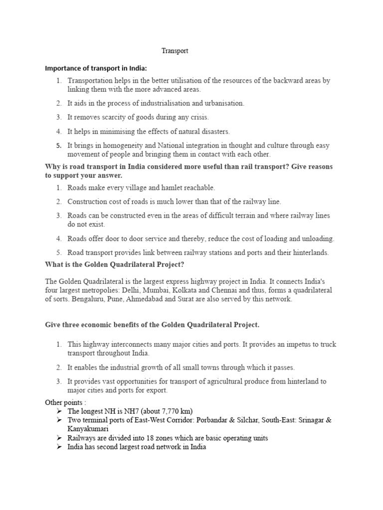 Transportation Notes Class 10 ICSE | PDF | Transport