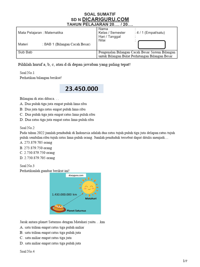 Soal Sumatif MTK KLS 4 Bab 1 | PDF