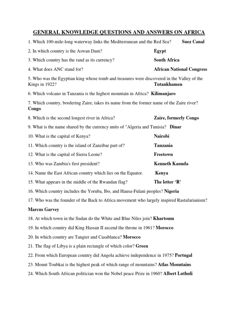 Africa General Knowledge Quiz | PDF