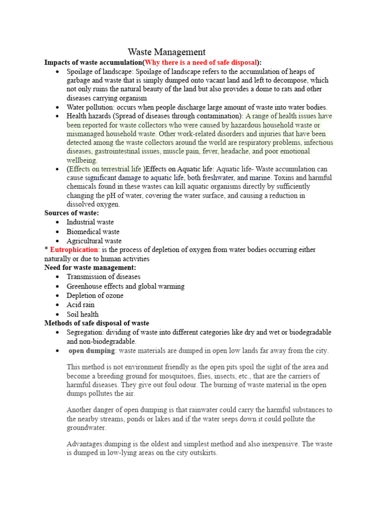 Waste Management Notes Class 10 ICSE | PDF