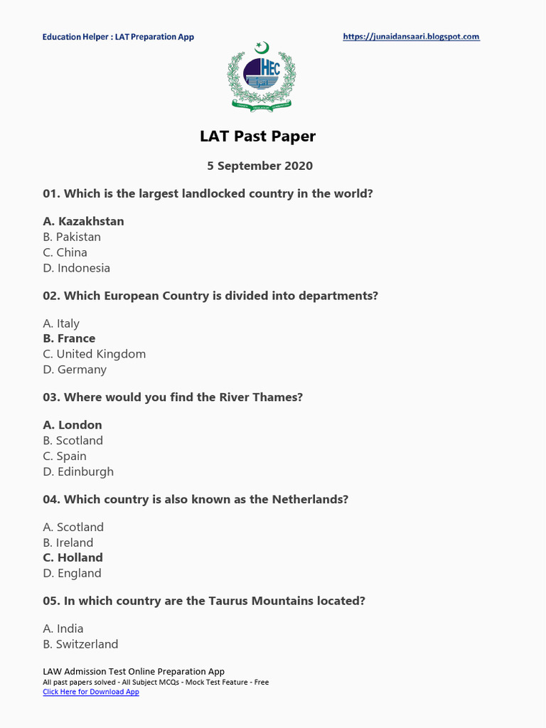 LAT Past Paper 5 September 2020 | PDF | Umar