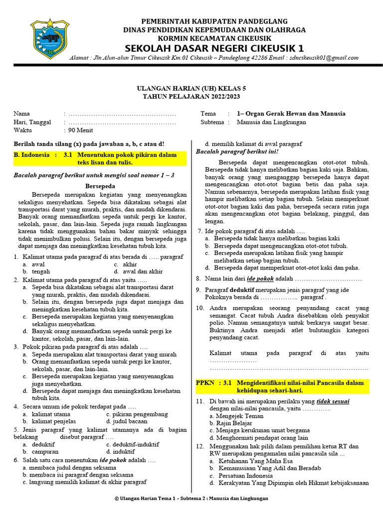 Uh Kelas 5 Tema 1 Subtema 2 | PDF