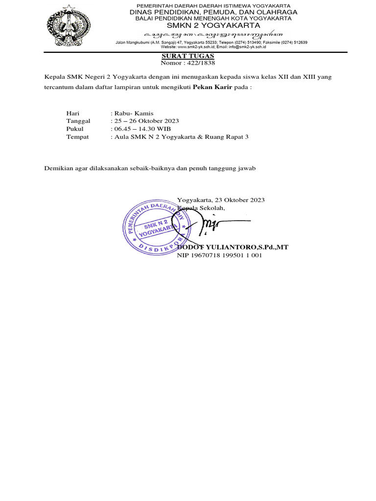 Surat Tugas SISWA SMKN 2 YK | PDF