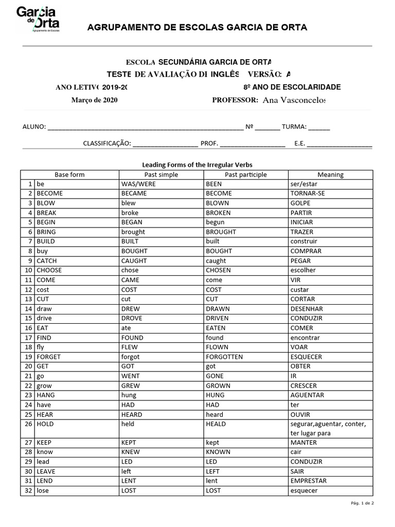 Ficha Dos Verbos Irregulares | PDF