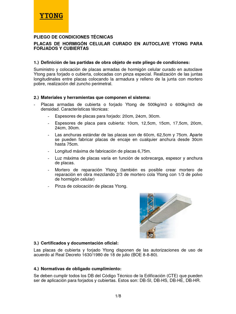 Pliego_Condiciones_Tecnicas_Placas_Ytong | PDF | Hormigón | Ingeniería estructural