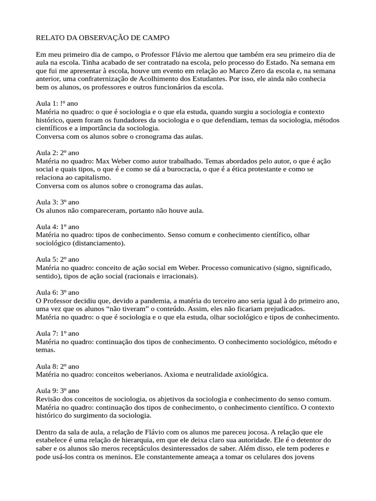Relato Da Observação de Sala de Aula | PDF | Sociologia | Conhecimento Relato Da Observação de Sala de Aula | PDF | Sociologia | Conhecimento