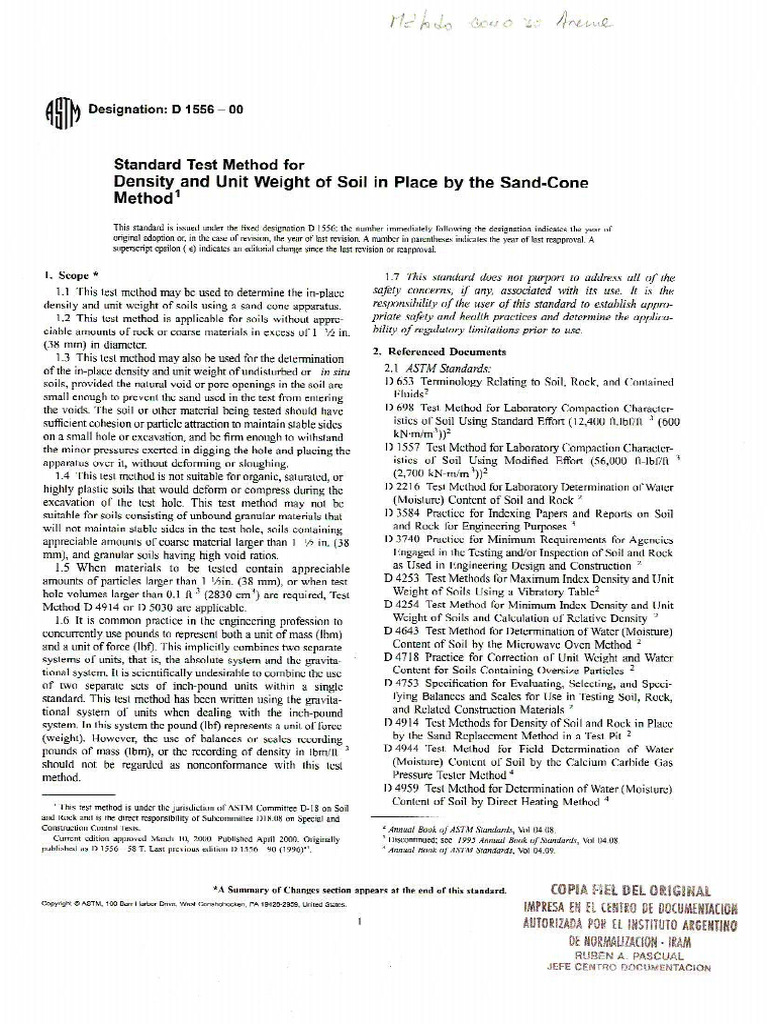 ASTM D1556 Metodo Cono de Arena | PDF
