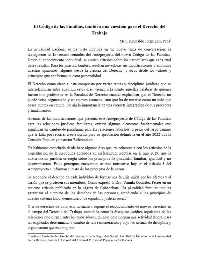 Código de Familia y Derechos Laborales. REYNALDO | PDF | Derecho laboral | Matrimonio