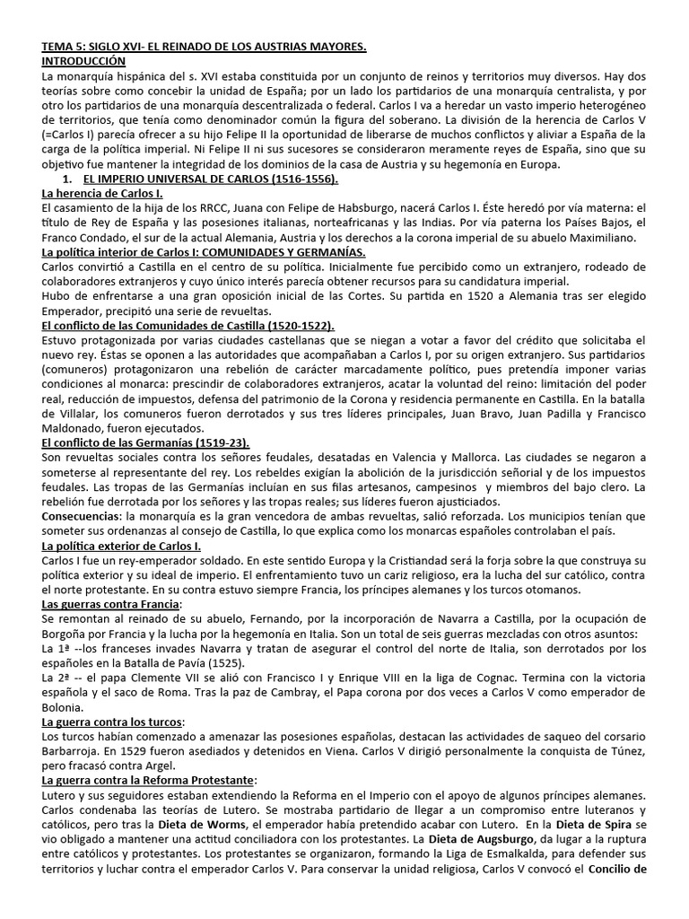 Tema 5 Siglo Xvi El Reinado de Los Austrias Mayores | PDF | Santo Imperio Romano | Imperio español