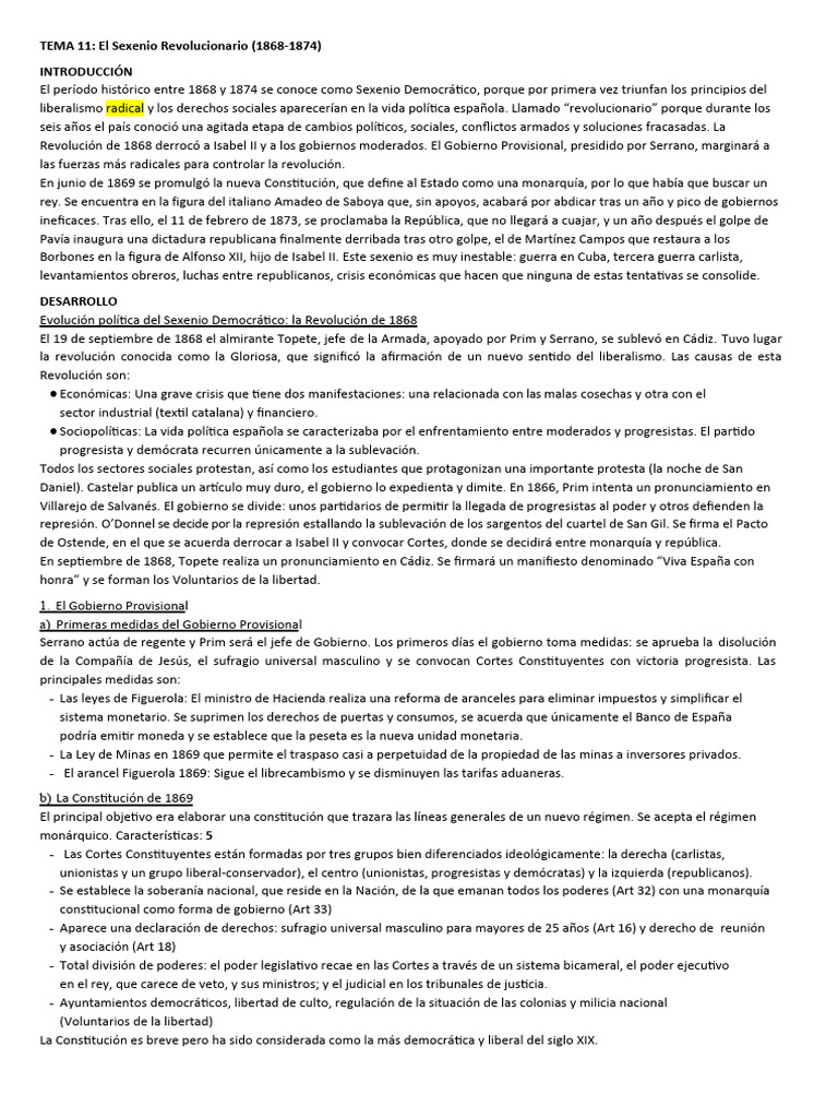Tema 11 El Sexenio Revolucionario (1868-1874) | PDF | Política de españa | Gobierno de españa