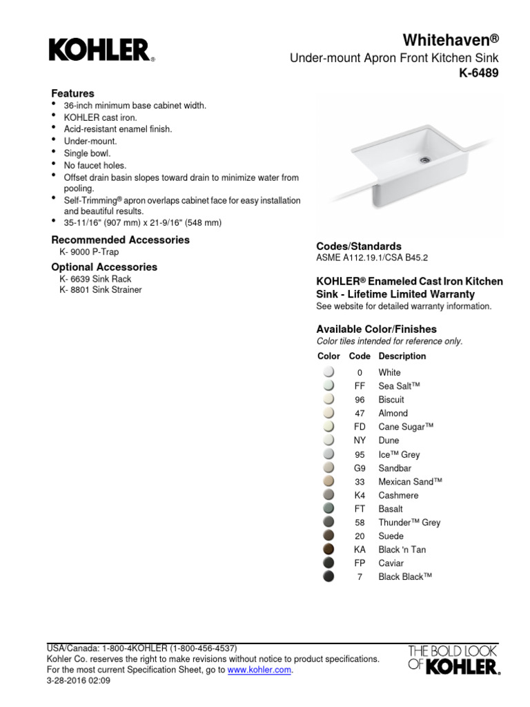 Lavaplatos Cocina Ppal Kohler K 6489 Specification Sheet | PDF