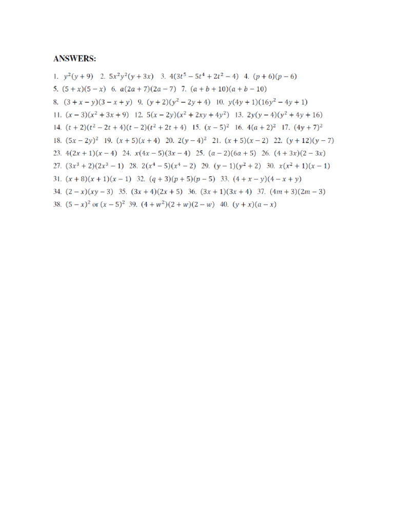 Answer Key in Factoring Polynomials | PDF