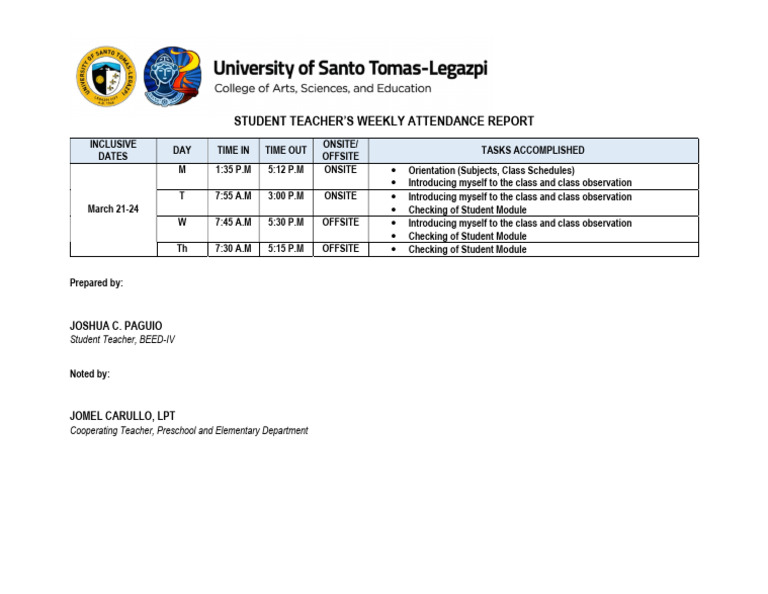 Student Teacher'S Weekly Attendance Report: Joshua C. Paguio | PDF