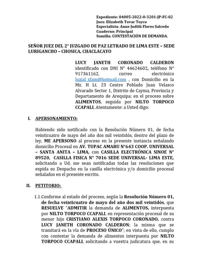 Contestación de Demanda de Alimentos Lucy Coronado | PDF | Ciências ...