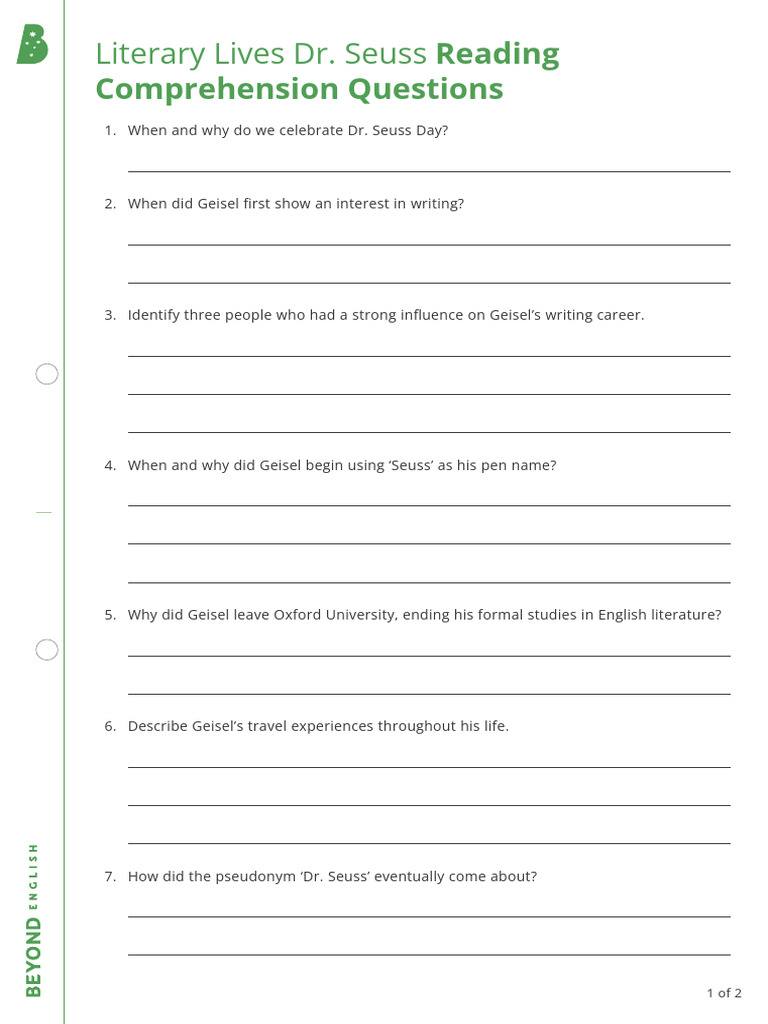Dr. Seuss Reading Comprehension Guide | PDF | Social Science
