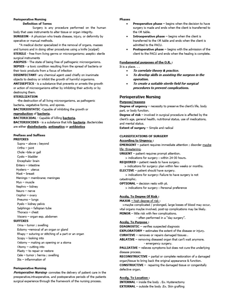 Notes For Perioperative Nursing | PDF | Surgery | Anesthesia