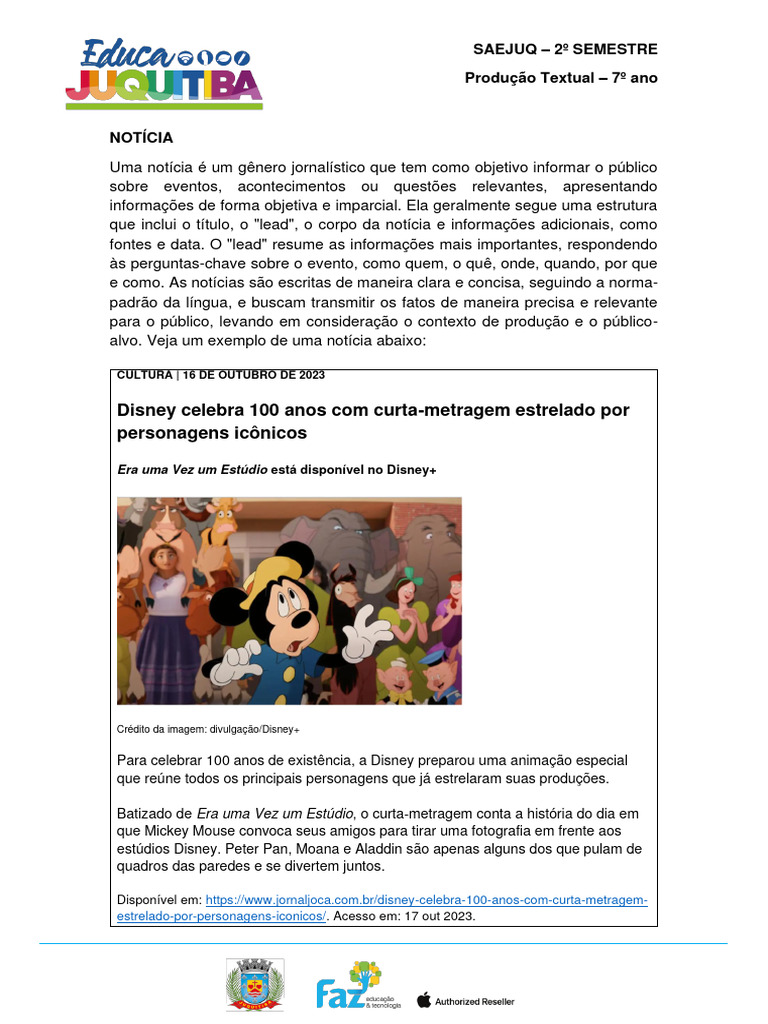 Produção Textual - 7º - SAEJUQ - 2º Sem - 2023 | PDF | The Walt Disney ...