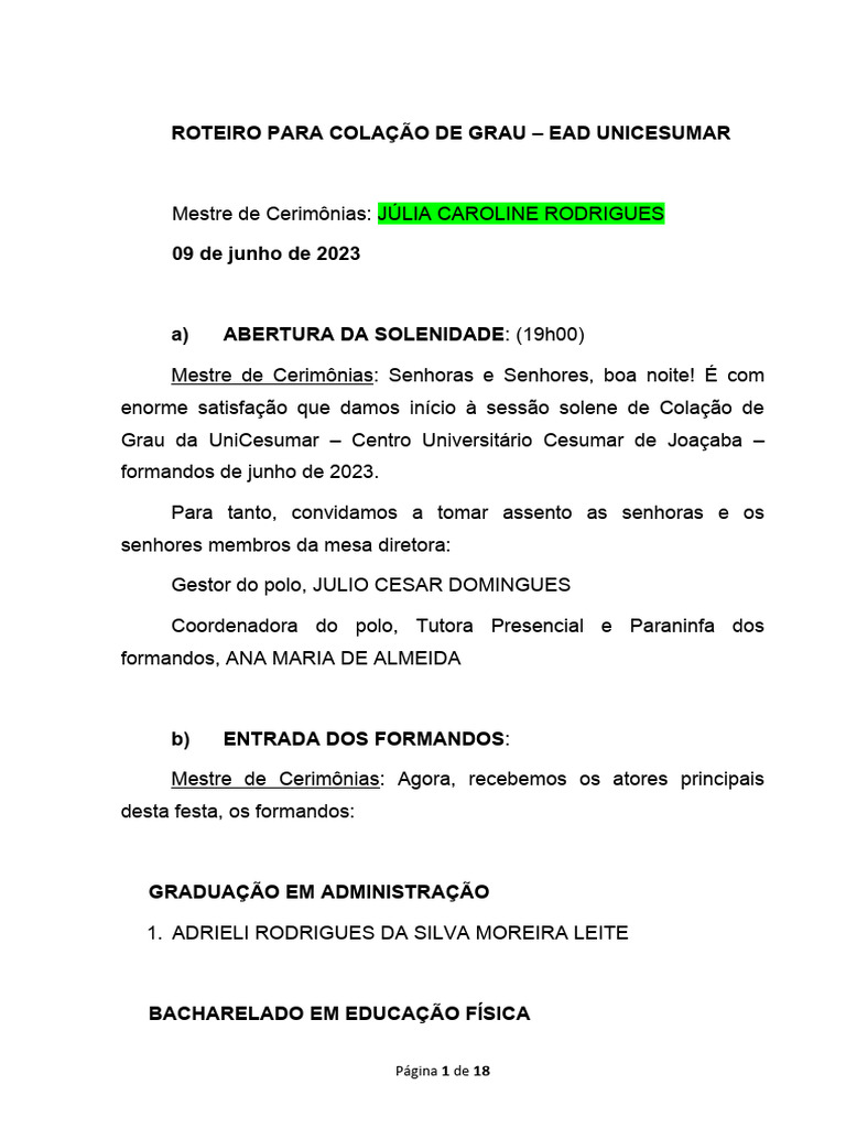 Colação de Grau Unicesumar 2023 | PDF | Diploma de bacharel | Amor