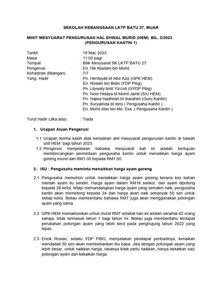 Minit Mesyuarat HEM 2 2023 | PDF