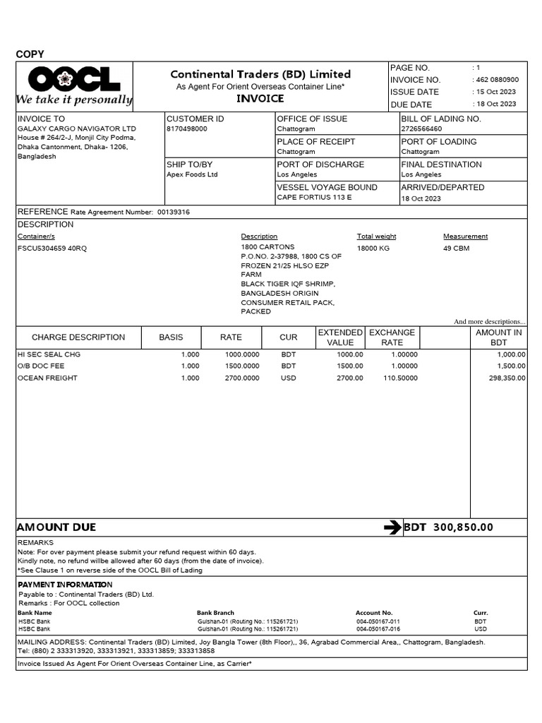 Oocl Invoice Inv Afl-6948 BL Oolu2726566460 Los Angeles 1x40 RH | PDF | Bill Of Lading | Cargo