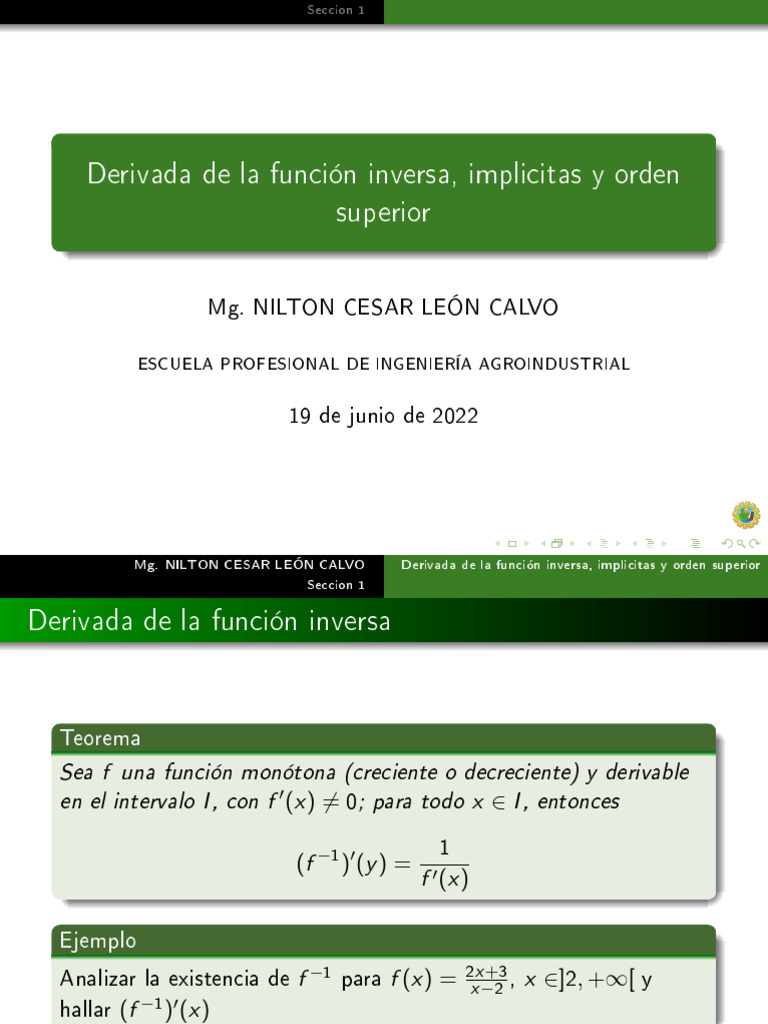 Derivada de La Función Inversa, Implicitas y Orden Superior: Mg. Nilton Cesar León Calvo | PDF ...