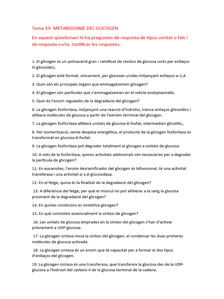 Exercicis Glicogen Sintesi I Degradaciã | PDF