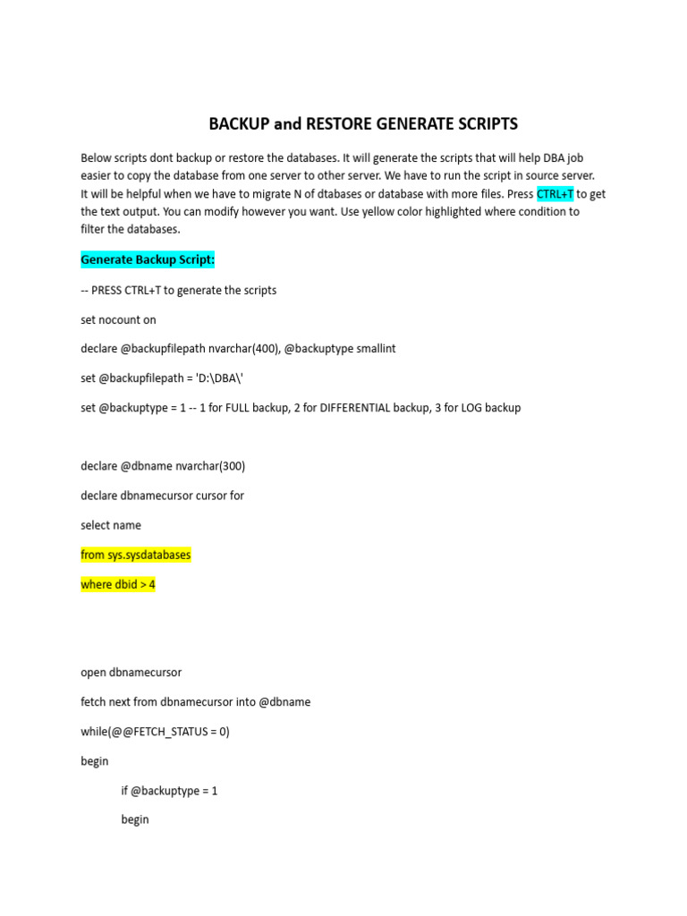 Script To Generate Backup and Restore TSQL Commands | PDF | Backup | Databases