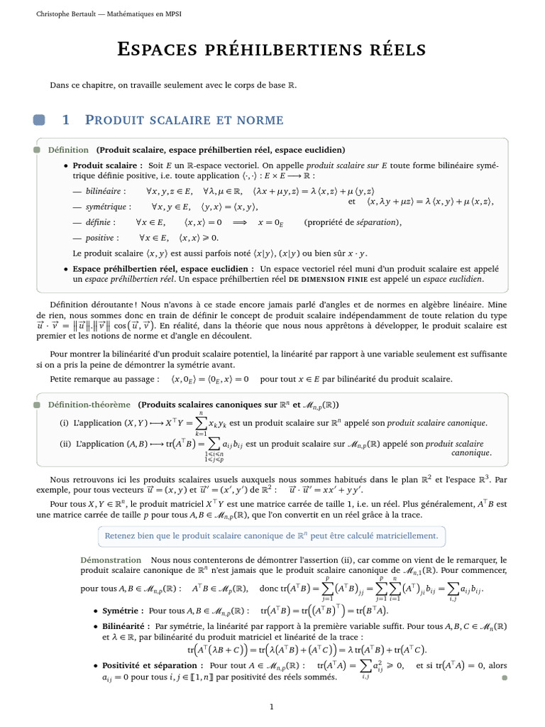 Espaces Préhilbertiens et Produits Scalaires | PDF | Espace euclidien ...