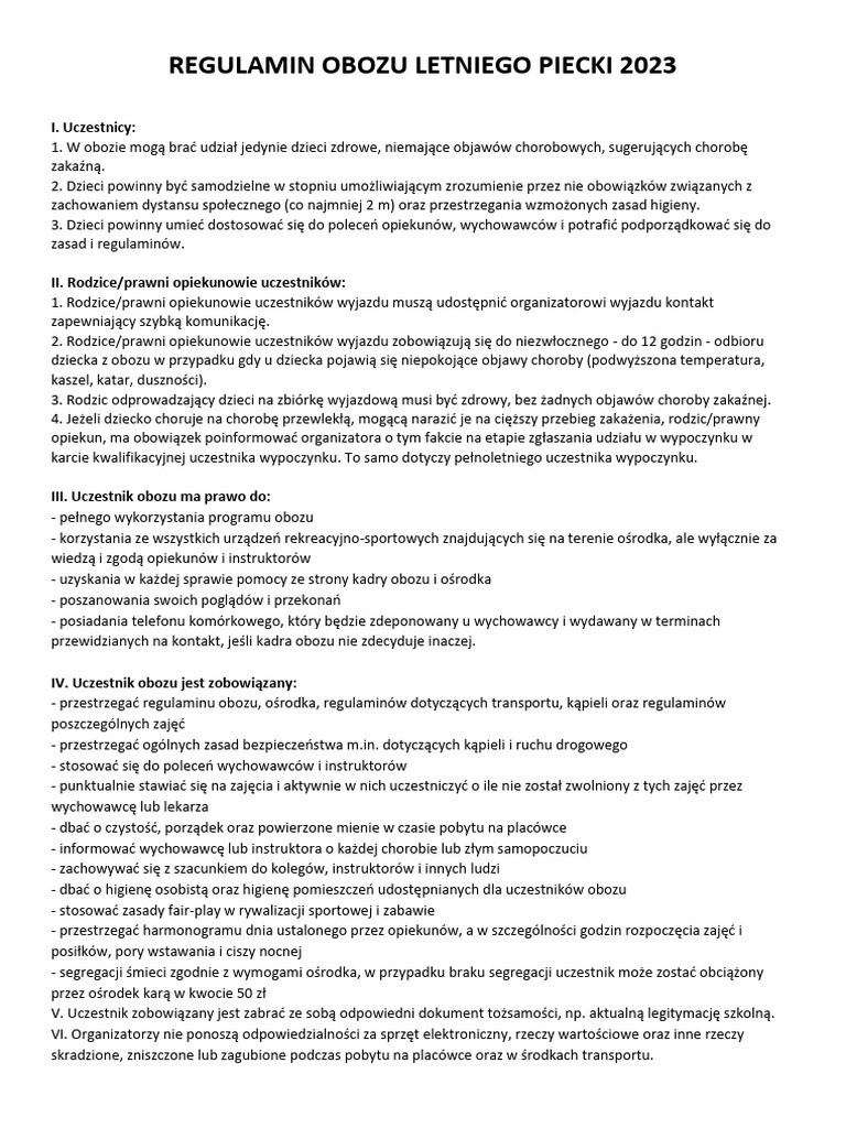 LETNI OBÓZ JUDO Regulamin PIECKI 2023 | PDF