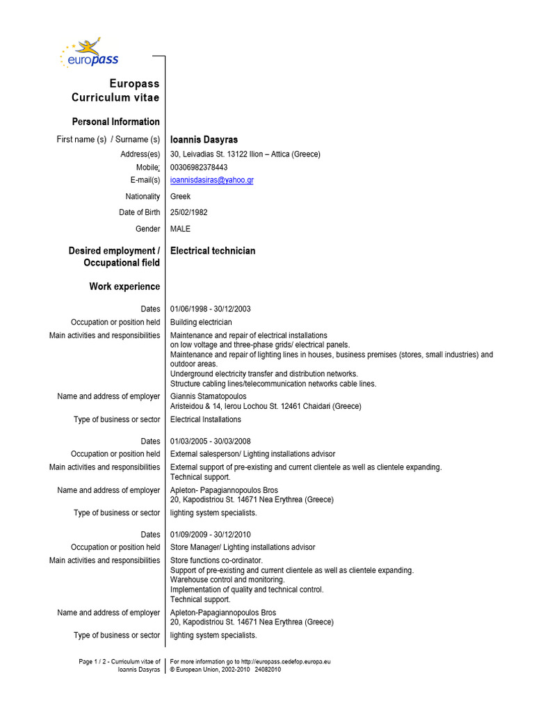 Europass CV English | PDF | Electricity | Computing
