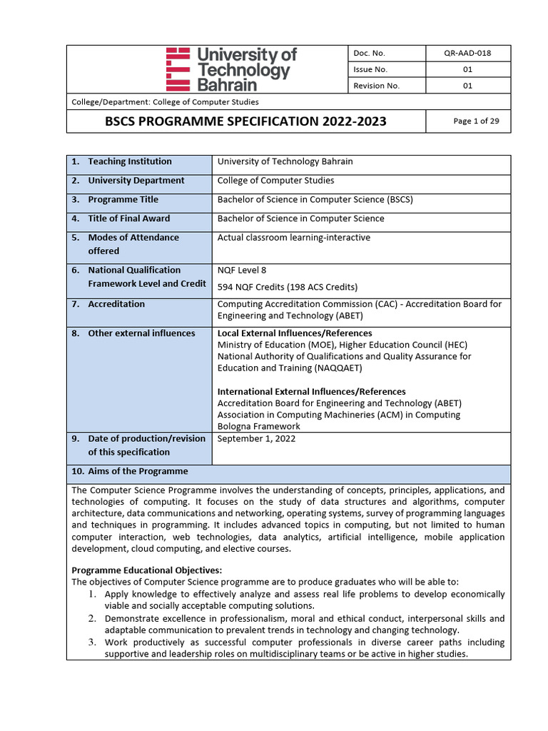 BSCS Programme Specification Effective AY 2022 2023 | PDF | Computer Science | Computing