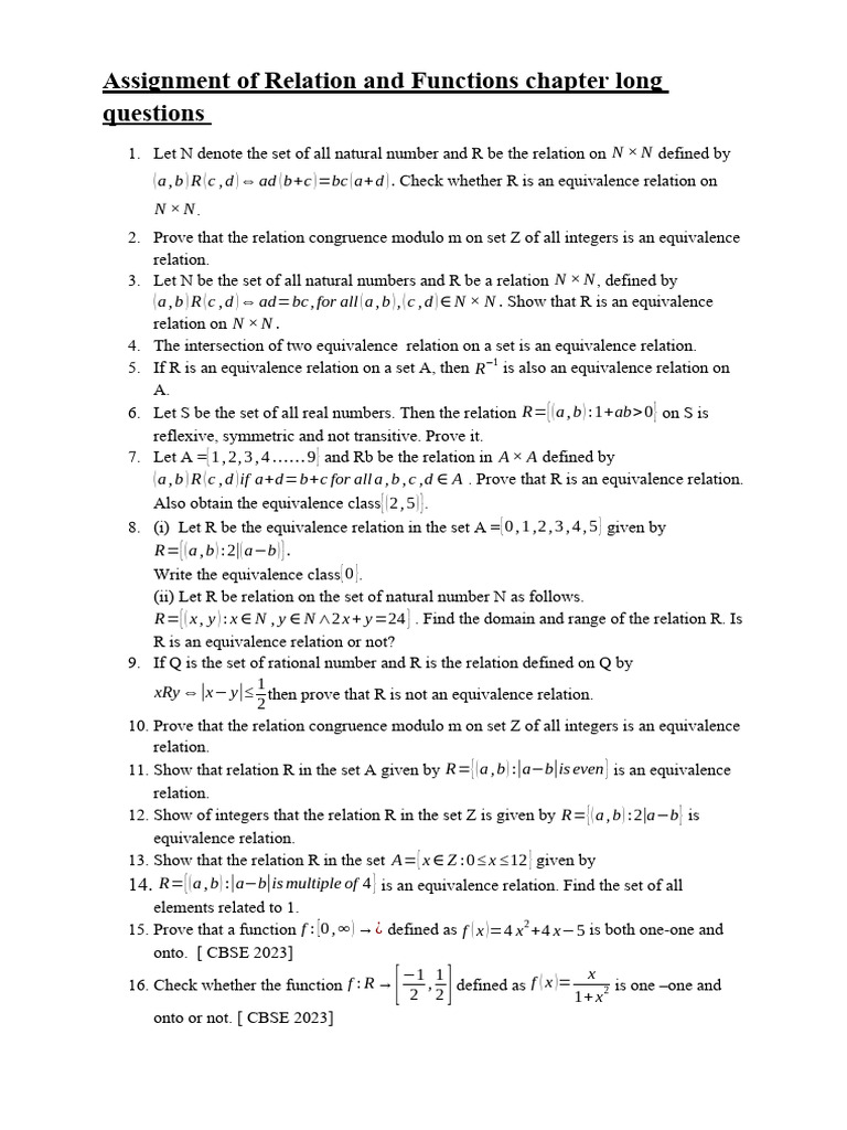 Assignment of Relation and Functions Chapter Long Questions | PDF