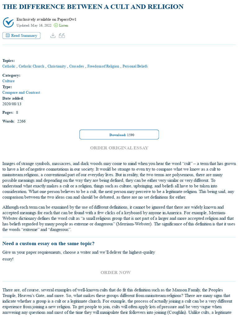 The Difference Between A Cult and Religion - Free Essay Example - 2266 ...