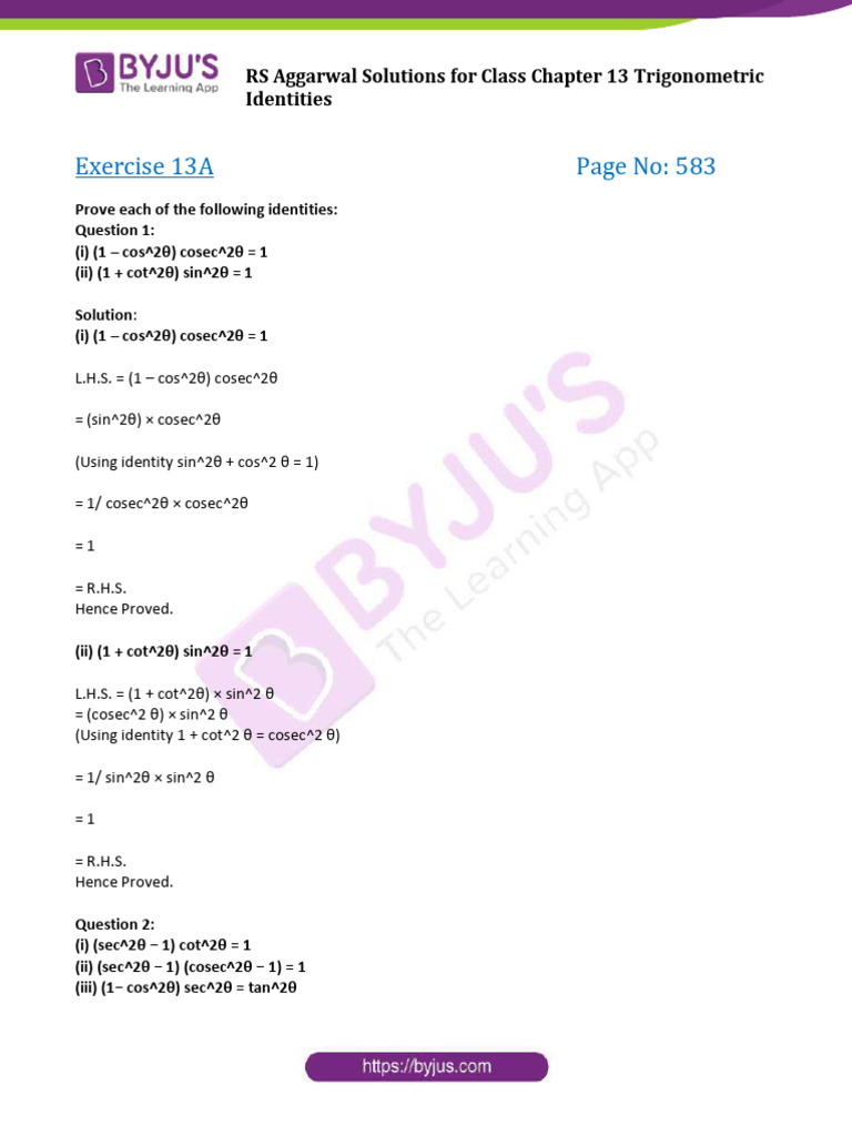 RS Aggarwal Solution Class 10 Maths Chapter 13 Trigonometric Identities ...